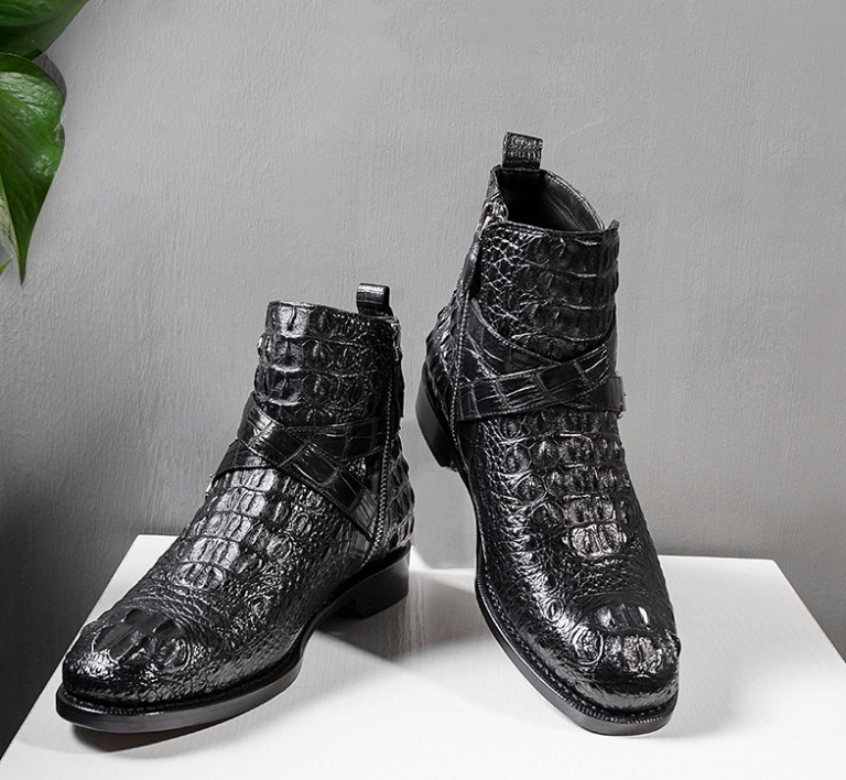 Crocodile Hornback Skin Zipper and Buckle Ankle Boots for Men