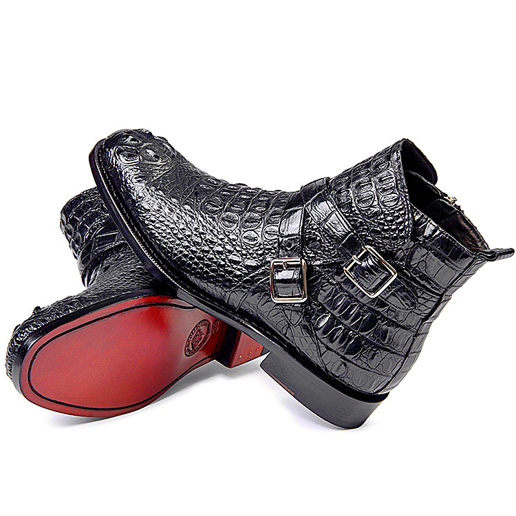 Crocodile Hornback Skin Zipper and Buckle Ankle Boots for Men
