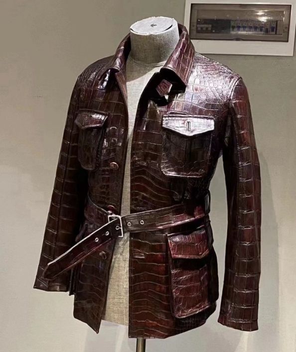 Stylish Motorcycle Crocodile Jacket With Waist Belt