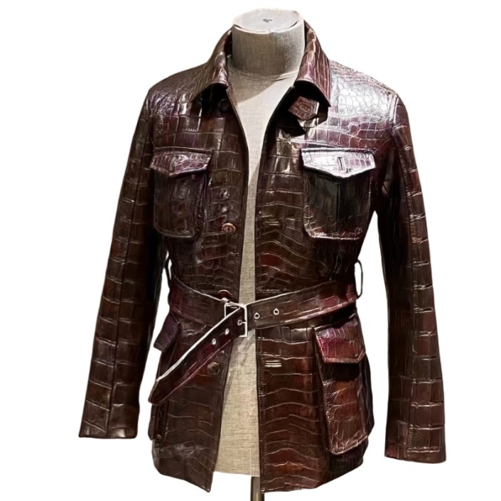 Stylish Motorcycle Crocodile Jacket With Waist Belt